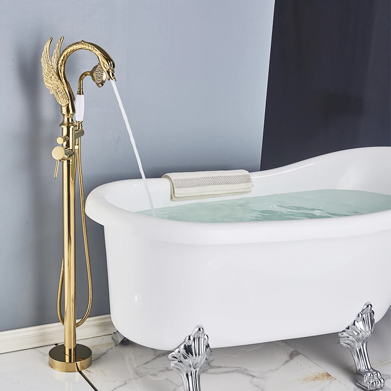 Luxury Golden Bathtub Faucet Swan 2 features hot and Cold Floor ...