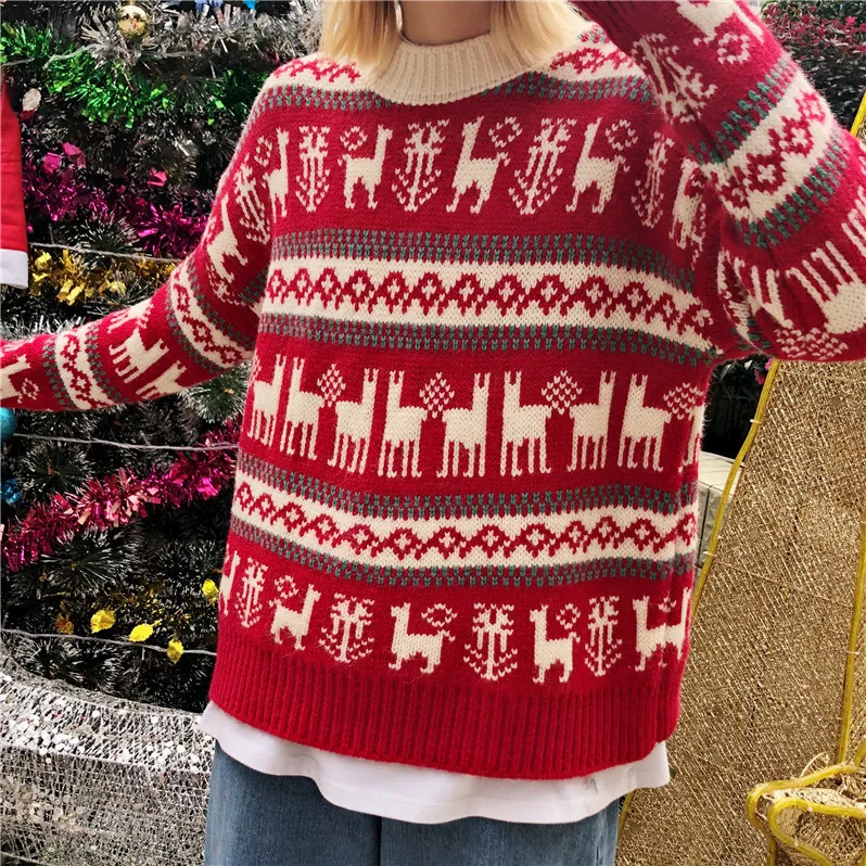 Suéter feminino de natal com gola redonda, pulôver vermelho para ...