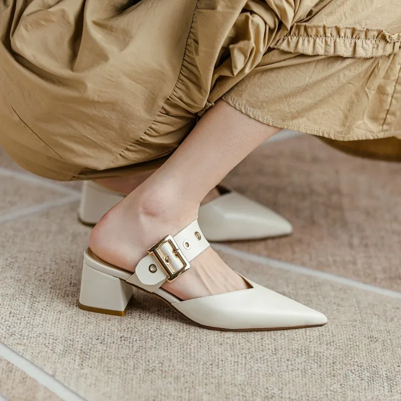 Mules elegantes de cuero genuino para mujer, zapatos de tacón alto ...