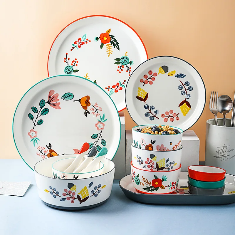 Floral Design Ceramic Dinnerware Chinese Cuisine Rice Bowl Soup Ramen ...
