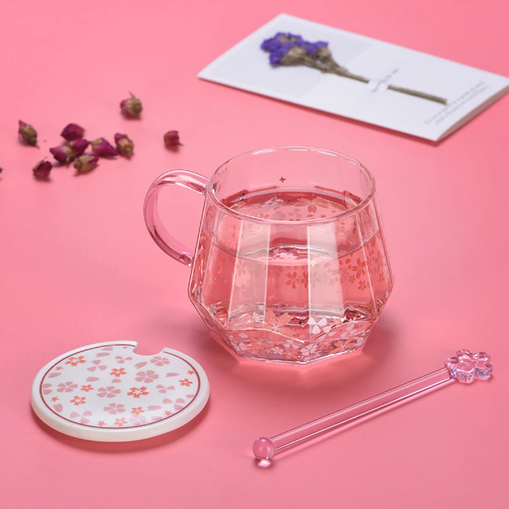 1PC Sakura Glass Cup Diamond Tea Cup With Stirring Stick Cup Lid Coffee ...