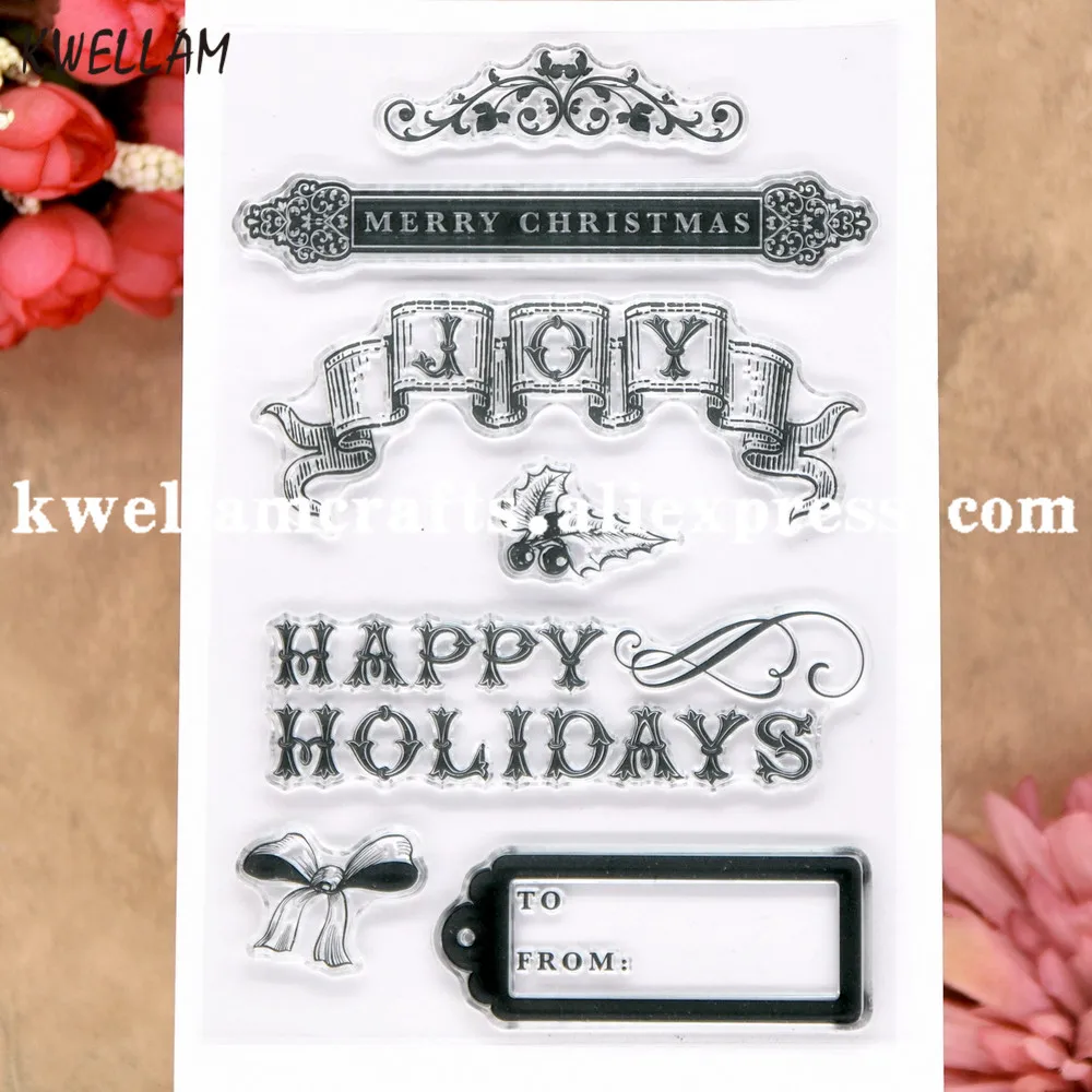 Merry Christmas Happy Holidays Joy Ribbons Scrapbook Photo Cards Rubber ...