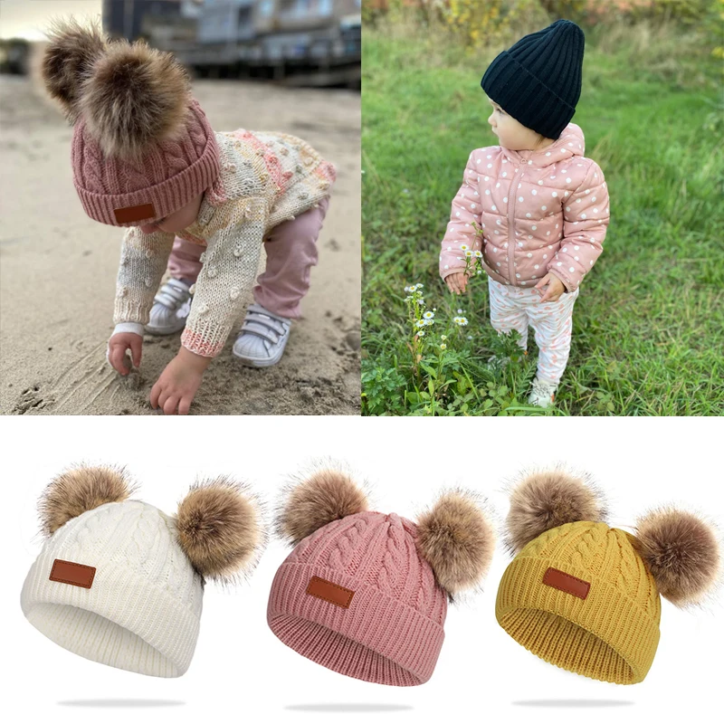 Cute-Double-Wool-Pompom-Baby-Hat-Children-Cap-Warm-Autumn-Winter-Hats ...