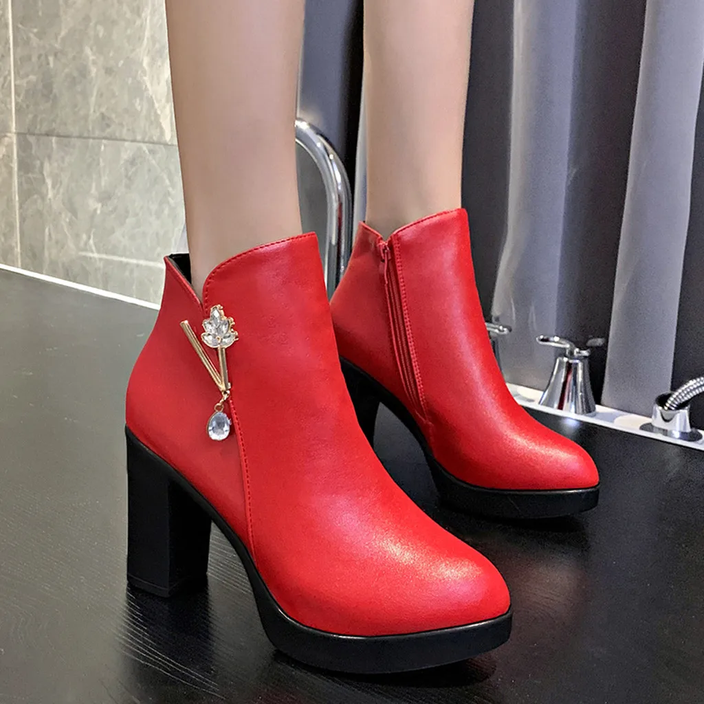 Botas cuadradas rojas de la raíz de las mujeres sexy de las señoras de ...