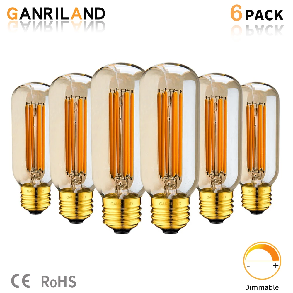 GANRILAND T45 6W 220V LED Long Filament Bulb Tubular Gold Tint Edison ...