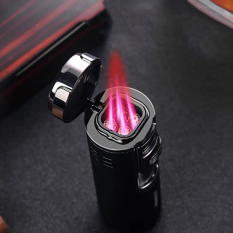 Cylindrical-Metal-Windproof-Gas-Lighter-Red-Flame-Four-Nozzle-Spray-Gun ...