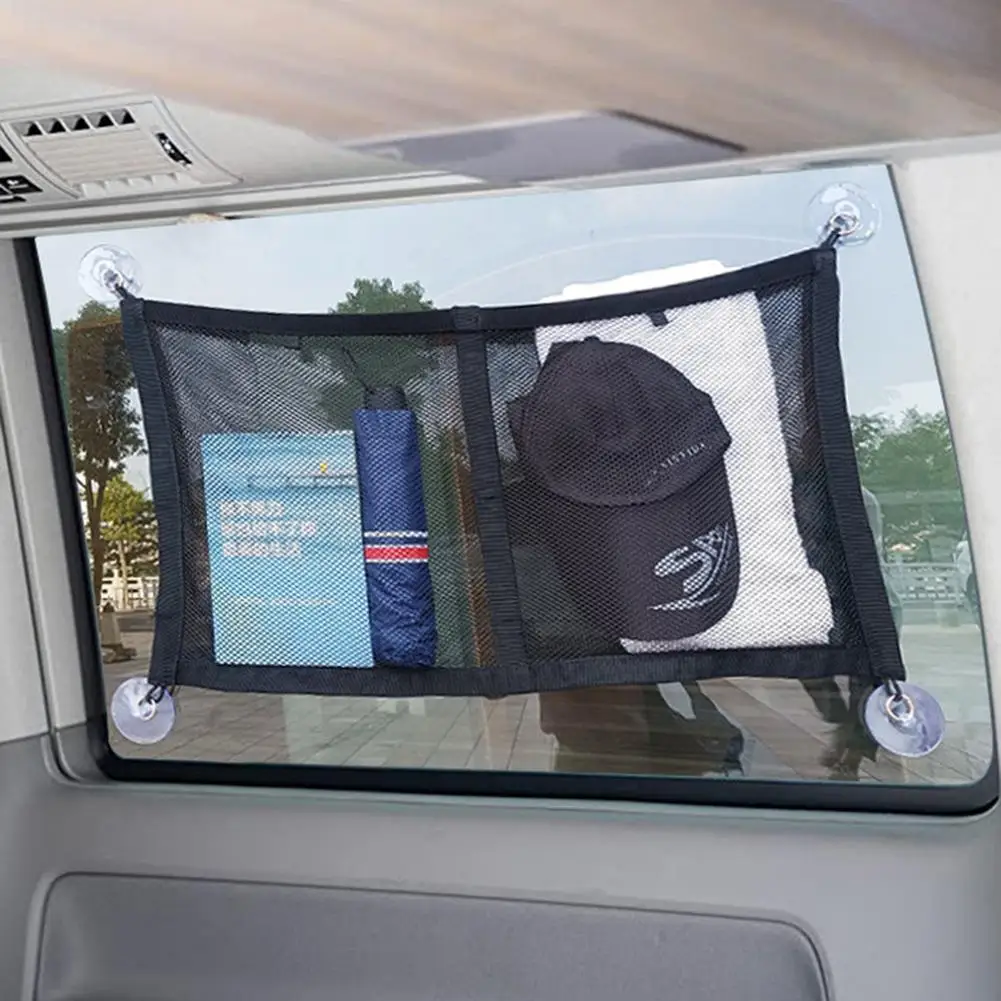 Car Net Pocket Storage Bag Car Windows Suction Cup Hanging Bag Roof ...