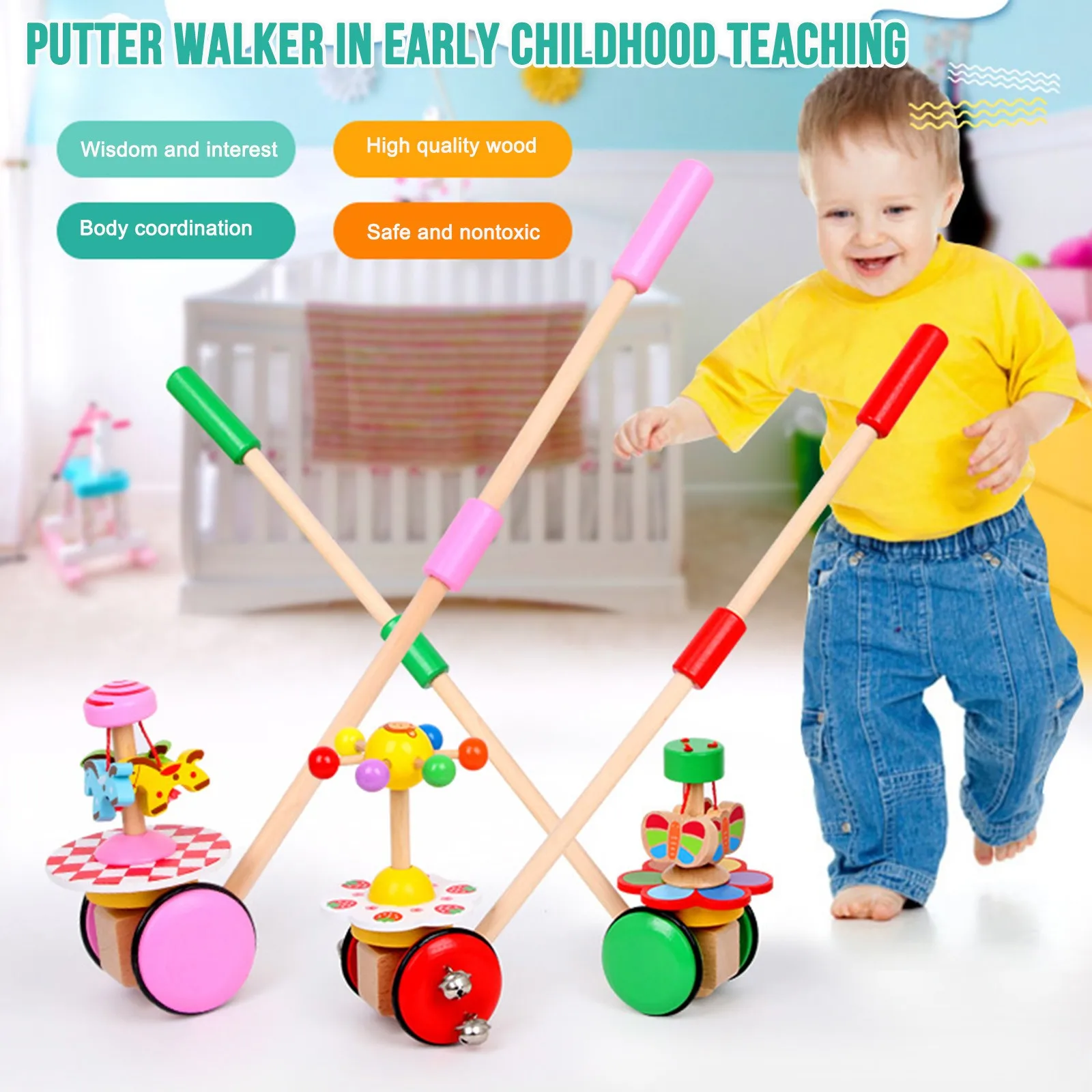 Wooden toddler stroller classic push toy Wooden Push Pull Activity ...