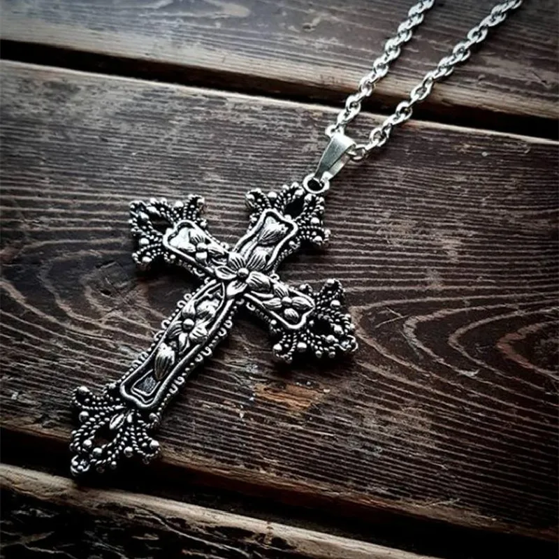 Goth Large Detailed Floral Cross Pendant Necklace Tone Gothic Punk ...