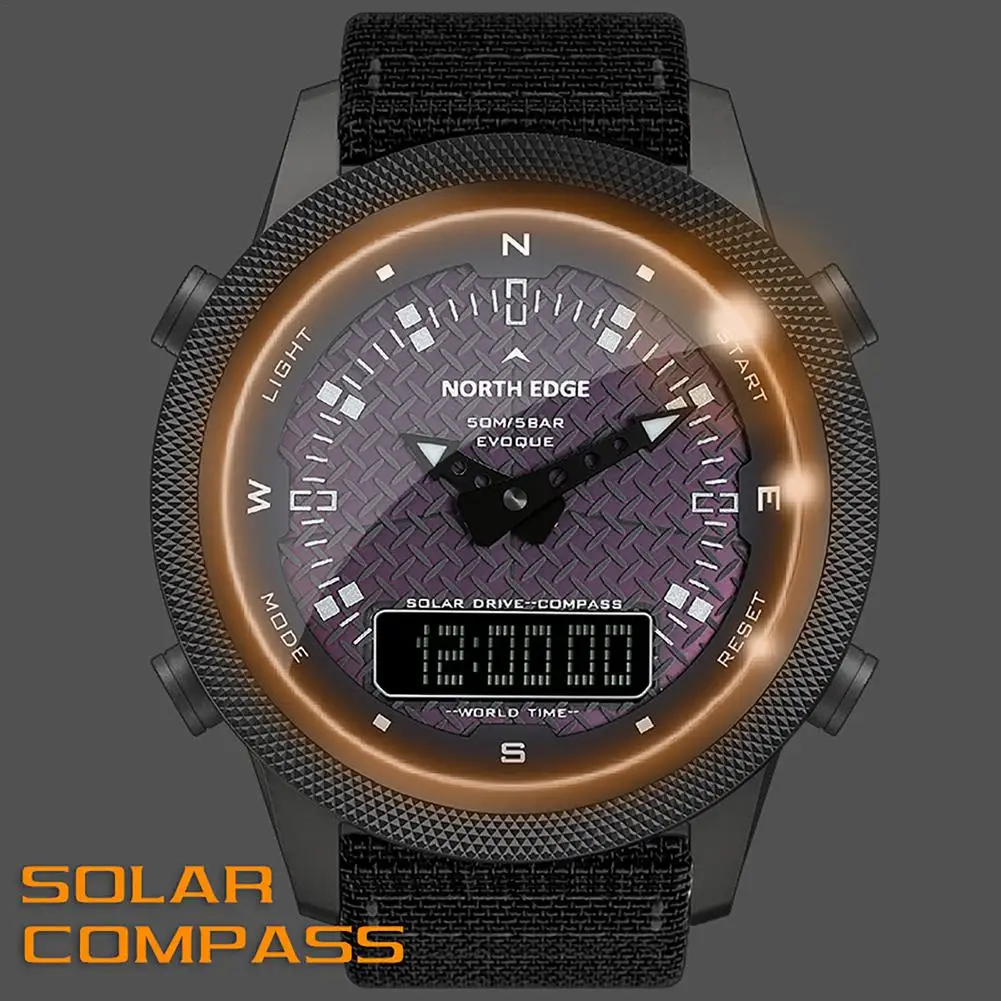 NORTH EDGE 남성 태양광 디지털 시계, 나침반 야외 스포츠 시계, 방수, 50m 알람, 카운트 다운 스톱워치, 스마트 ...