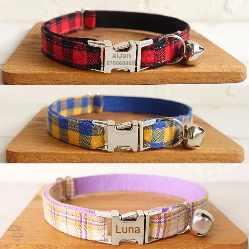 Cat-Collar-Name-Personalized-Kitten-Collars-with-Bell-Adjustable-Plaid ...