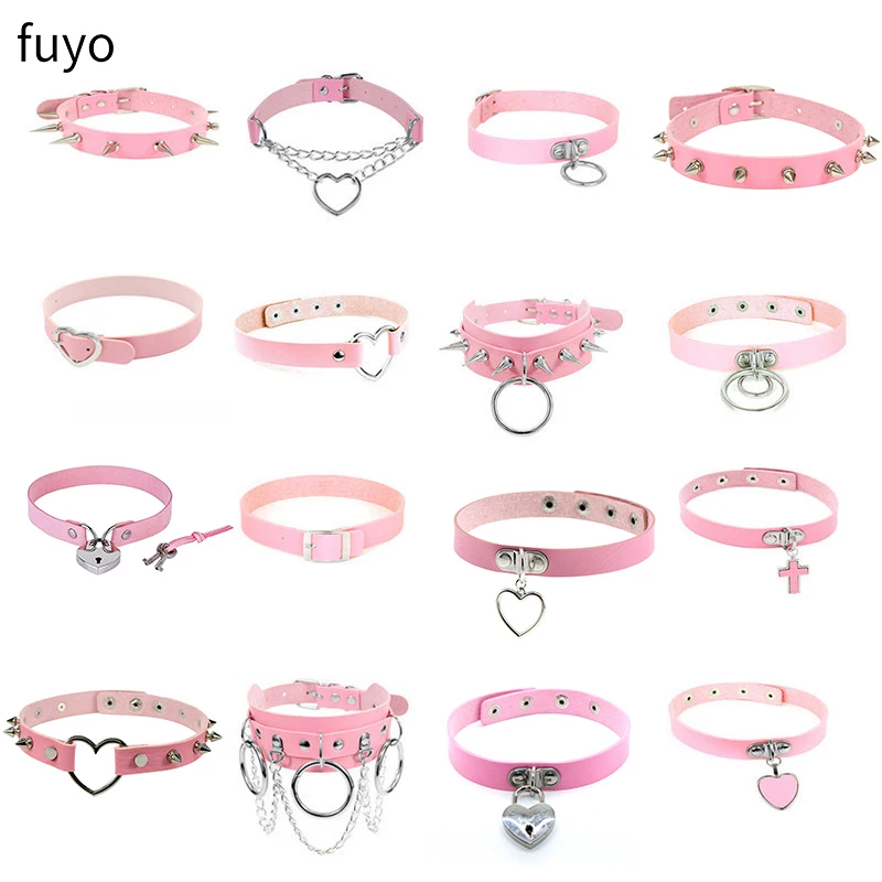 Pink-Goth-Lock-Key-Pu-Leather-Choker-Necklaces-For-Women-Chains-on-The ...