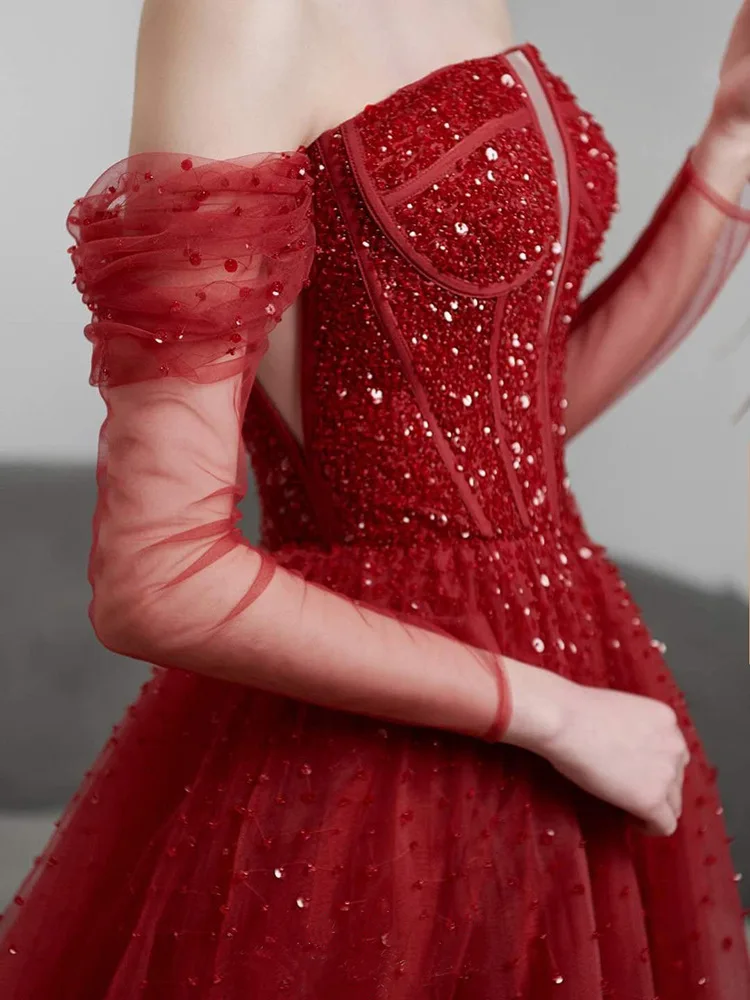 Robe-de-soir-e-rouge-fonc-scintillante-paules-d-nud-es-longue-robe-de ...