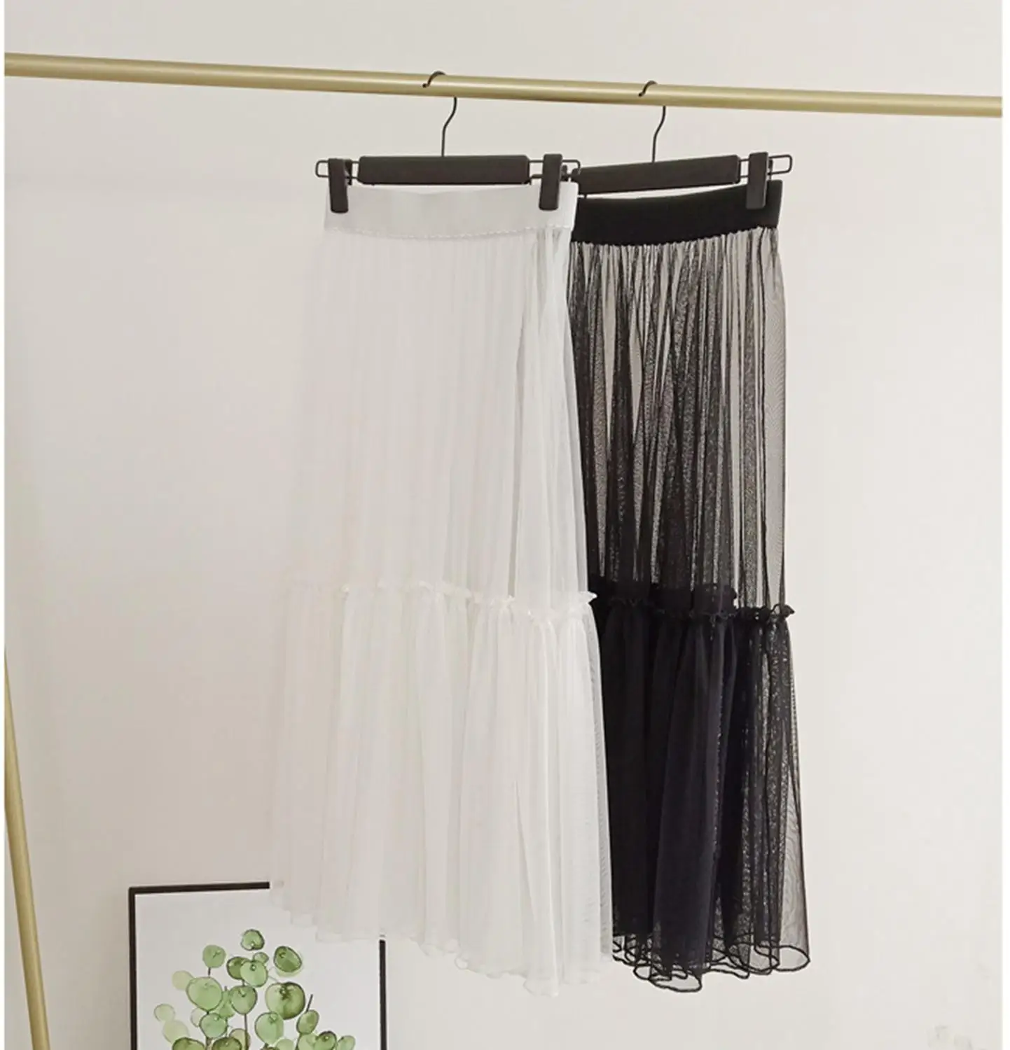 2020 Summer Vintage See Through Skirt Womens Elastic High Waist Tulle Skirts Long Pleated Mesh ...