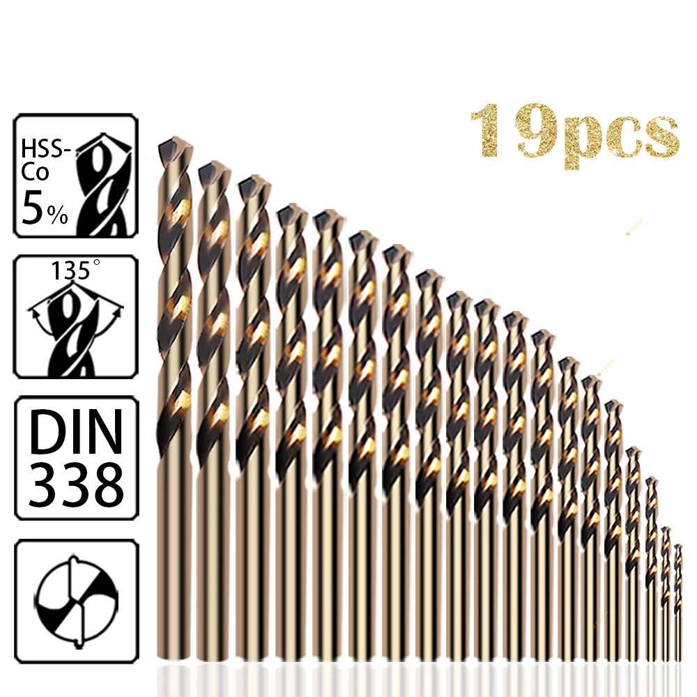 Cobalt Metal Drill Bit Set 19PCS HSS Cobalt M35 Drill Set 1mm-10mm For ...