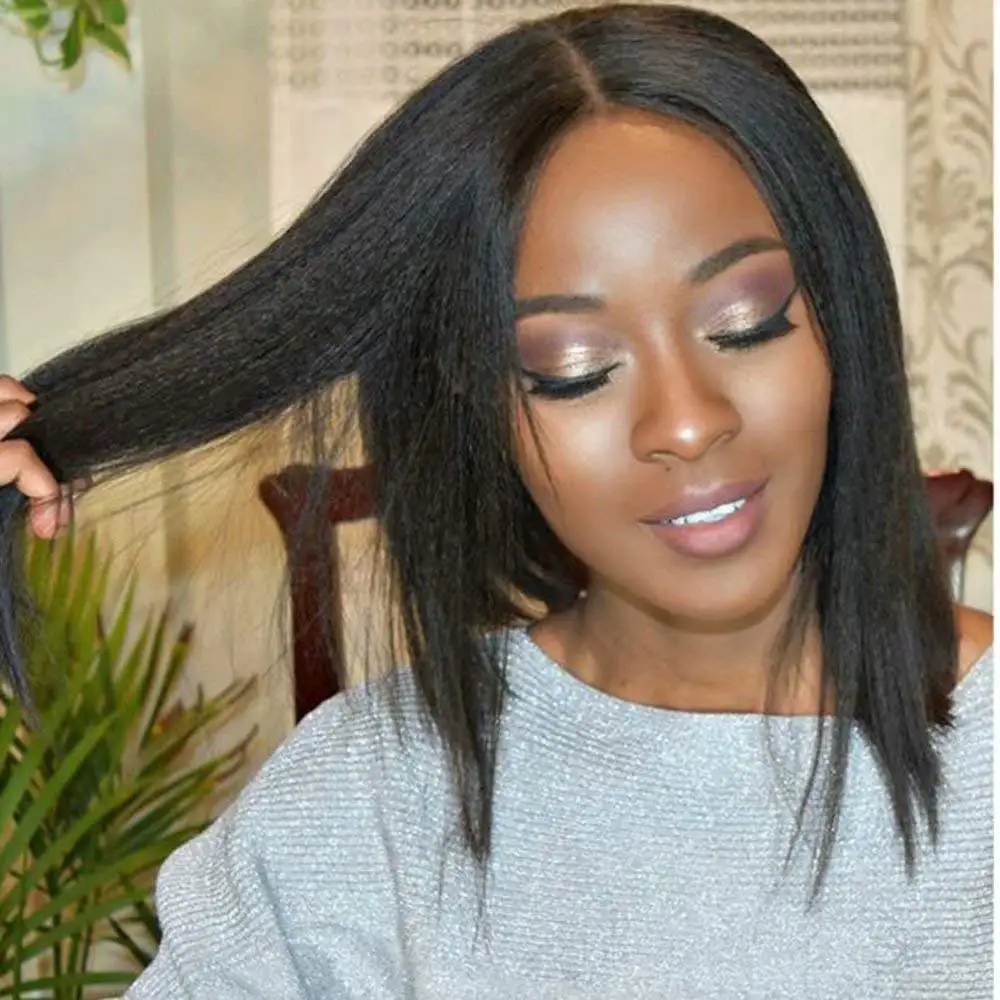 Italian Yaki Straight Short Bob Wigs With Baby Hair Synthetic Fiber ...