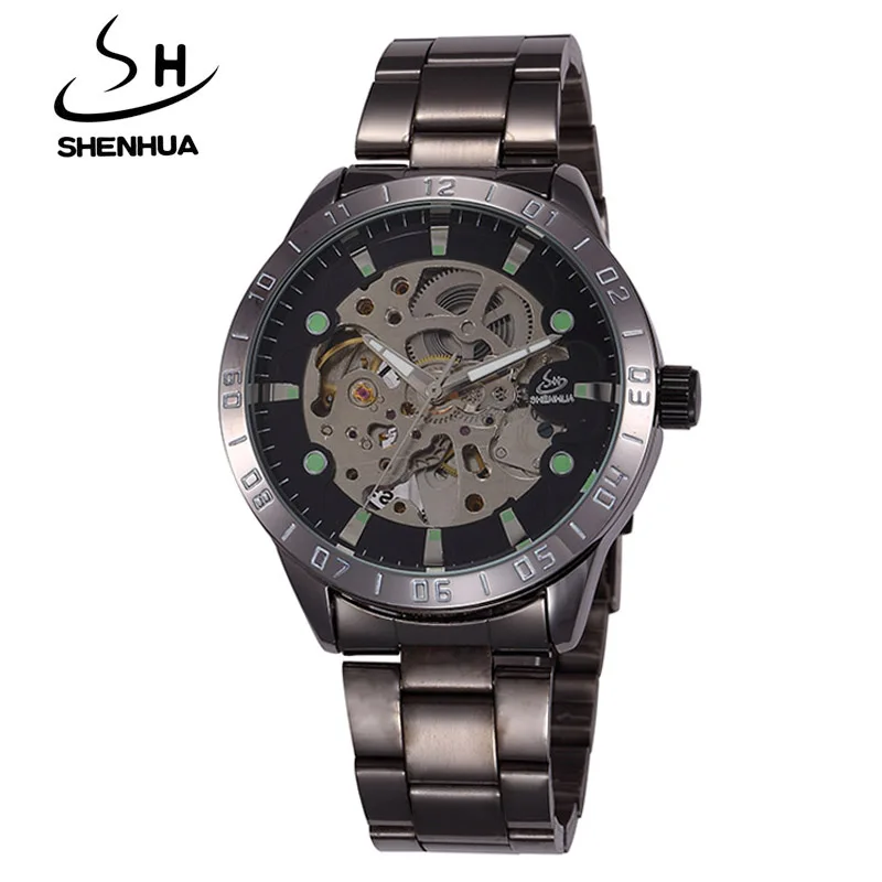 New Black Men's Skeleton WristWatch SHENHUA Antique Steampunk Casual ...