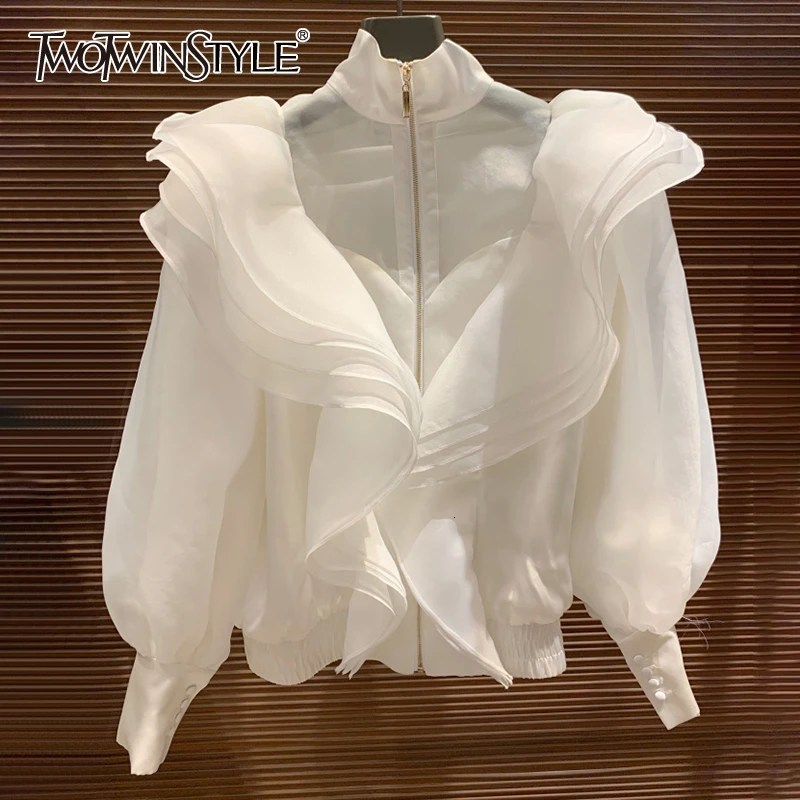 TWOTWINSTYLE Casual Patchwork Ruffle Shirt Female Turtleneck Lantern ...