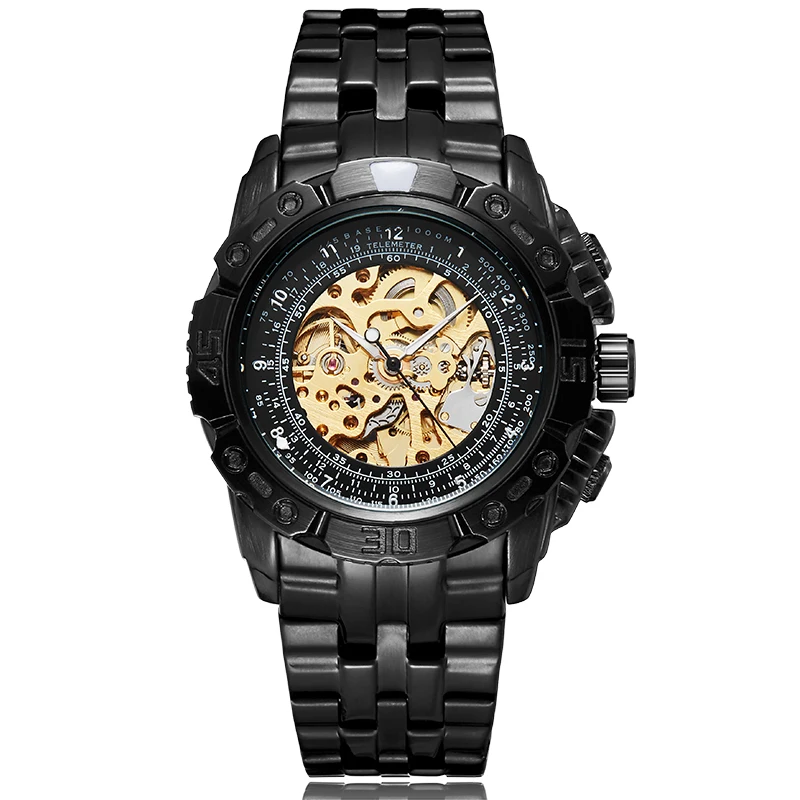 Luxury Brand Black Gold Automatic Mechanical Watch Men Watches Skeleton ...