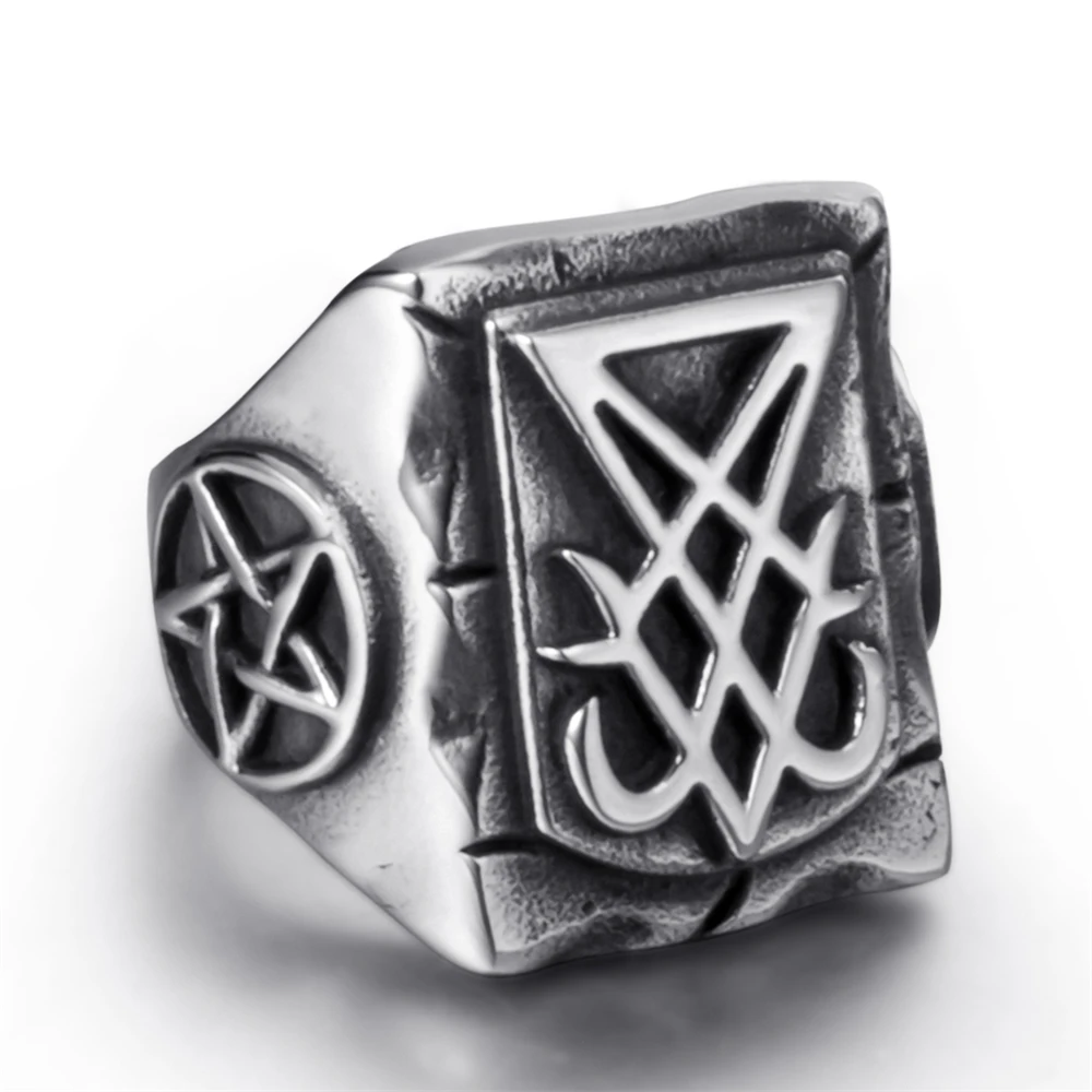 Elfasio Satanic Jewelry Mens Stainless Steel Ring Sigil Of Lucifer Seal ...