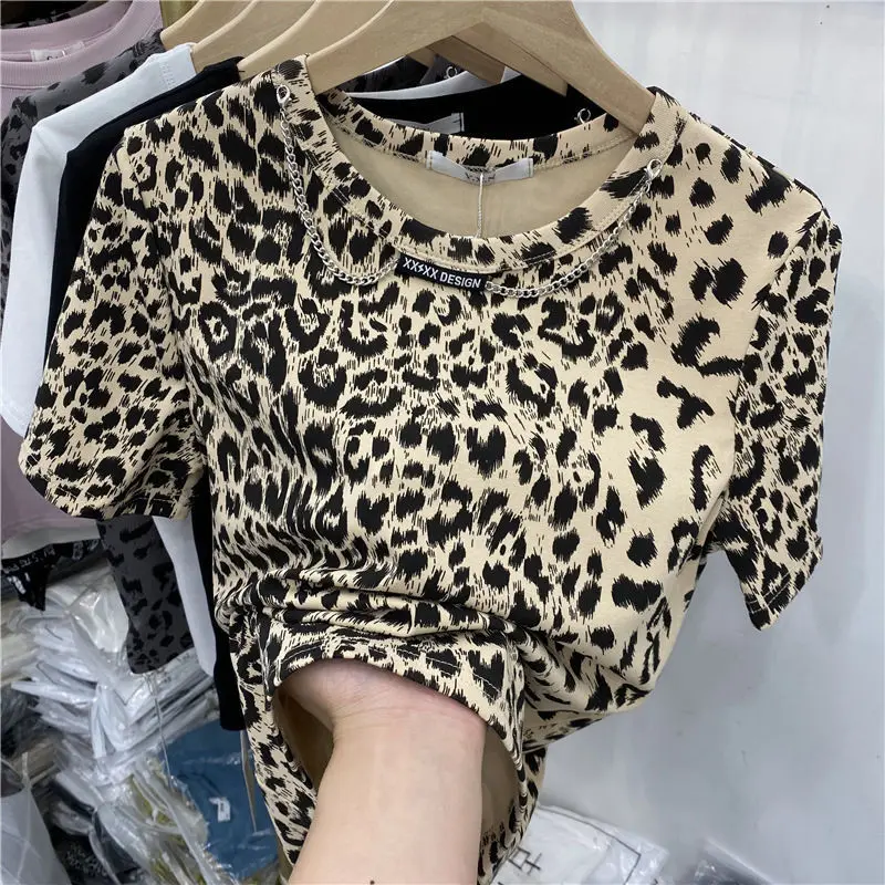EasyCore 95% Cotton Fashion Chain Leopard Print Tops Women Sweat ...