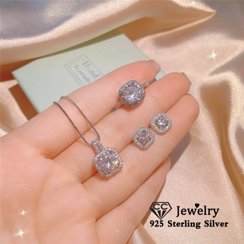 CC Wedding Jewelry Silver Color Necklace Earring Ring Sets for Women ...