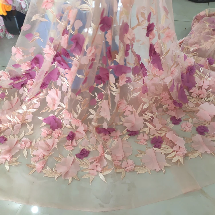 Three-dimensional Colorful Chiffon Flower Mesh Embroidery Fabric For ...