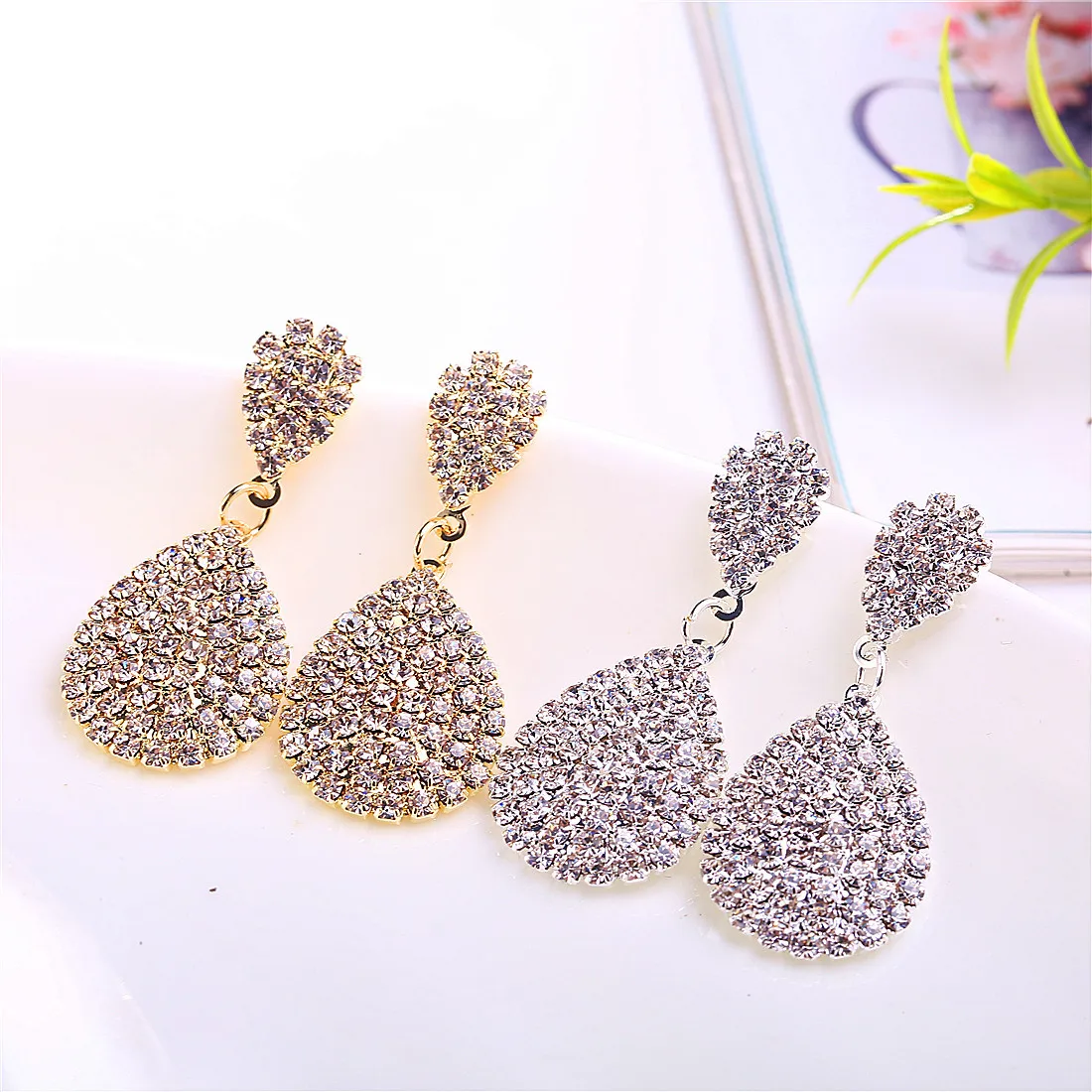 New Crystal Water Drop Shape Earrings For Women Bride Rhinestone Dangle ...