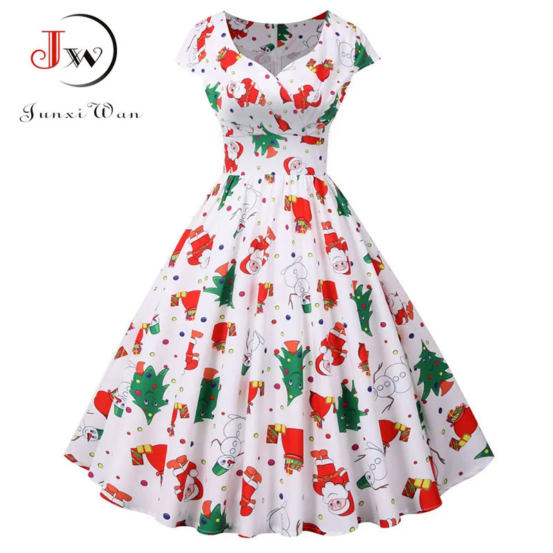 White-Print-Vintage-Christmas-Dress-Women-Winter-Big-Swing-Elegant ...