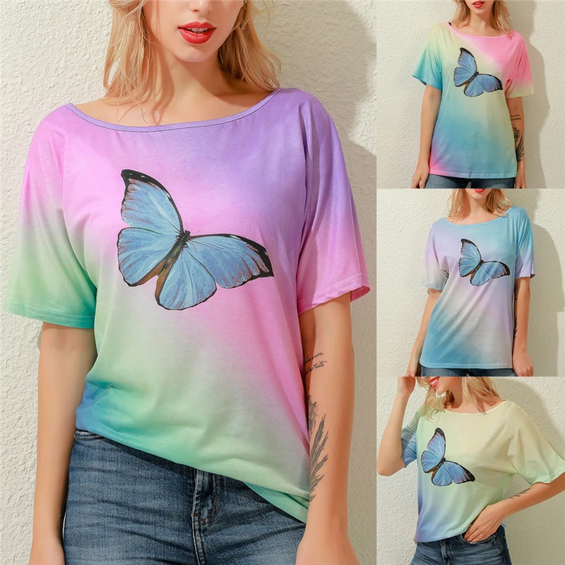 Ladies Fashion Gradient Color T Shirt Women Loose O neck Streetwear ...