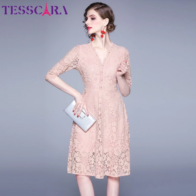 TESSCARA Women Spring & Summer Elegant Pink Lace Dress Female Cocktail ...