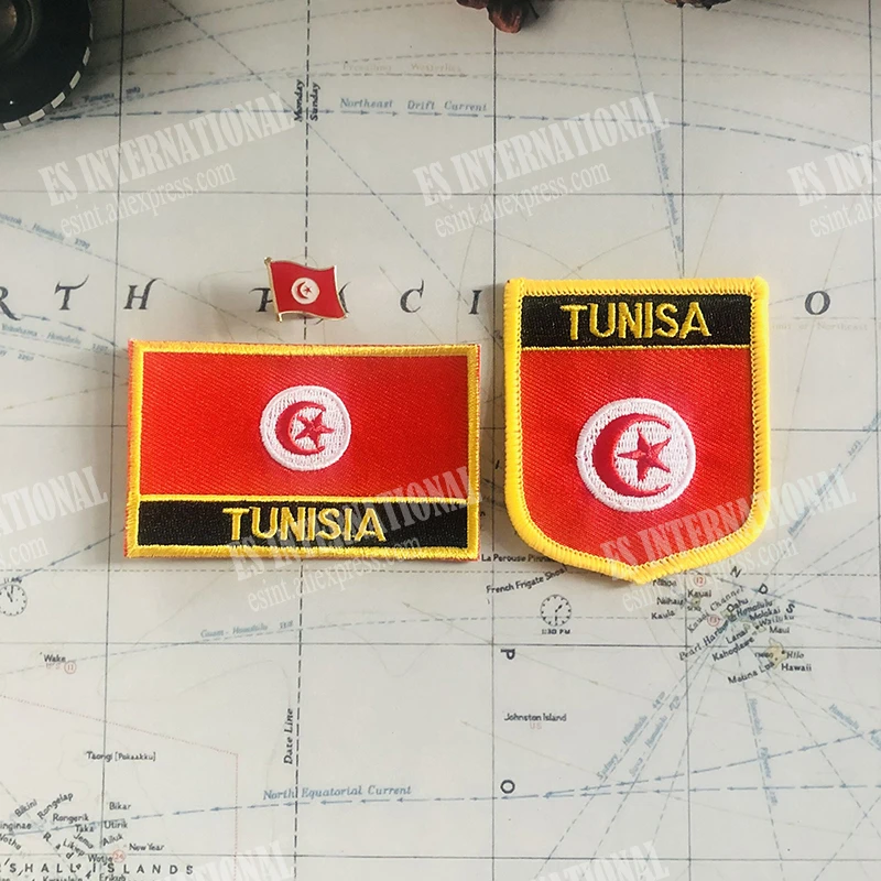 TUNISIA National Flag Embroidery Patches Badge Shield And Square Shape Pin One Set On The Cloth ...