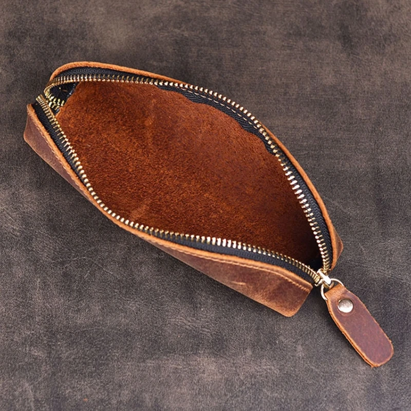 Handmade Genuine Leather Pencil Bag Vintage Cowhide Zipper Pen Case ...