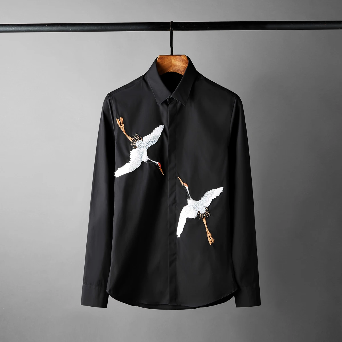 Minglu, мужские рубашки, роскошные, с двойной вышивкой крана, с длинным рукавом, Мужская одежда ...