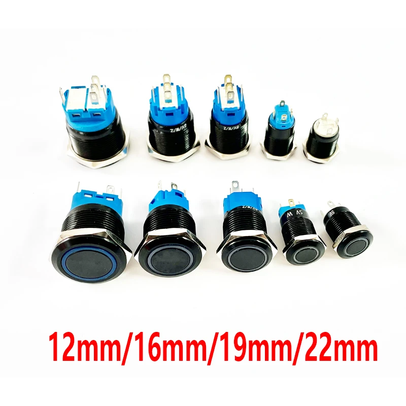 Black Push Button Switch 12/16/19/22mm Waterproof illuminated Led Light ...