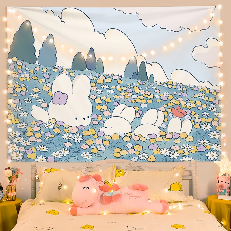 Cute Bunny Dormitory Decoration Tapestry Cartoon Painting Wall Cloth ...