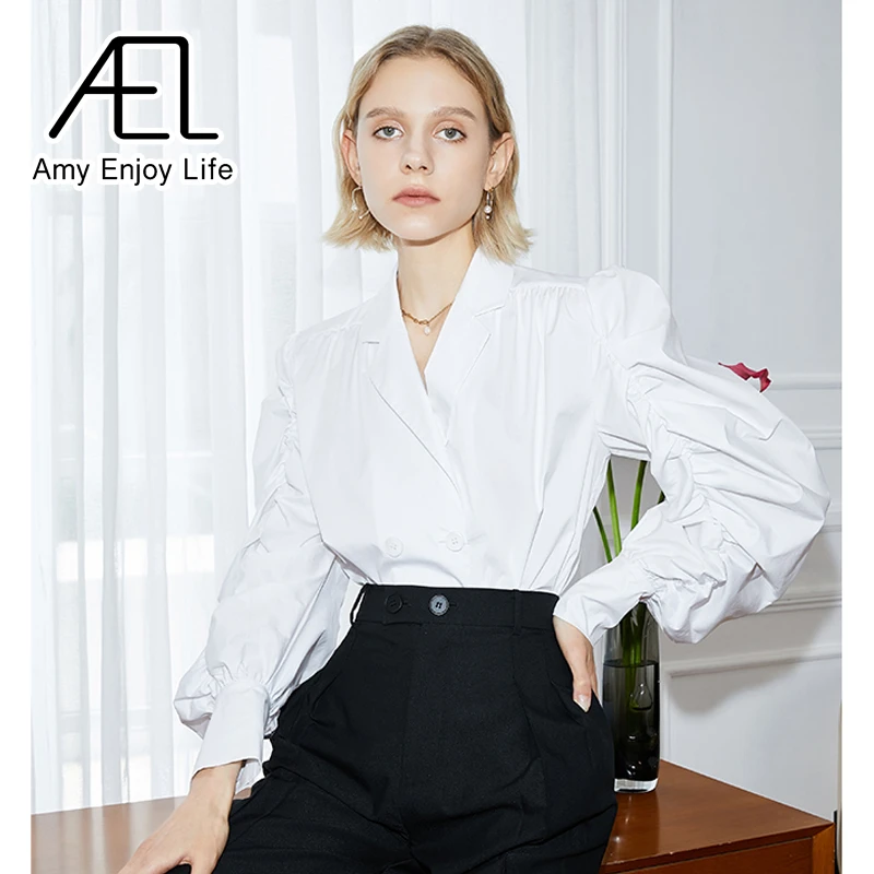 AEL Notched Collar Women Cotton Blouse White Puff Long Sleeve Short ...