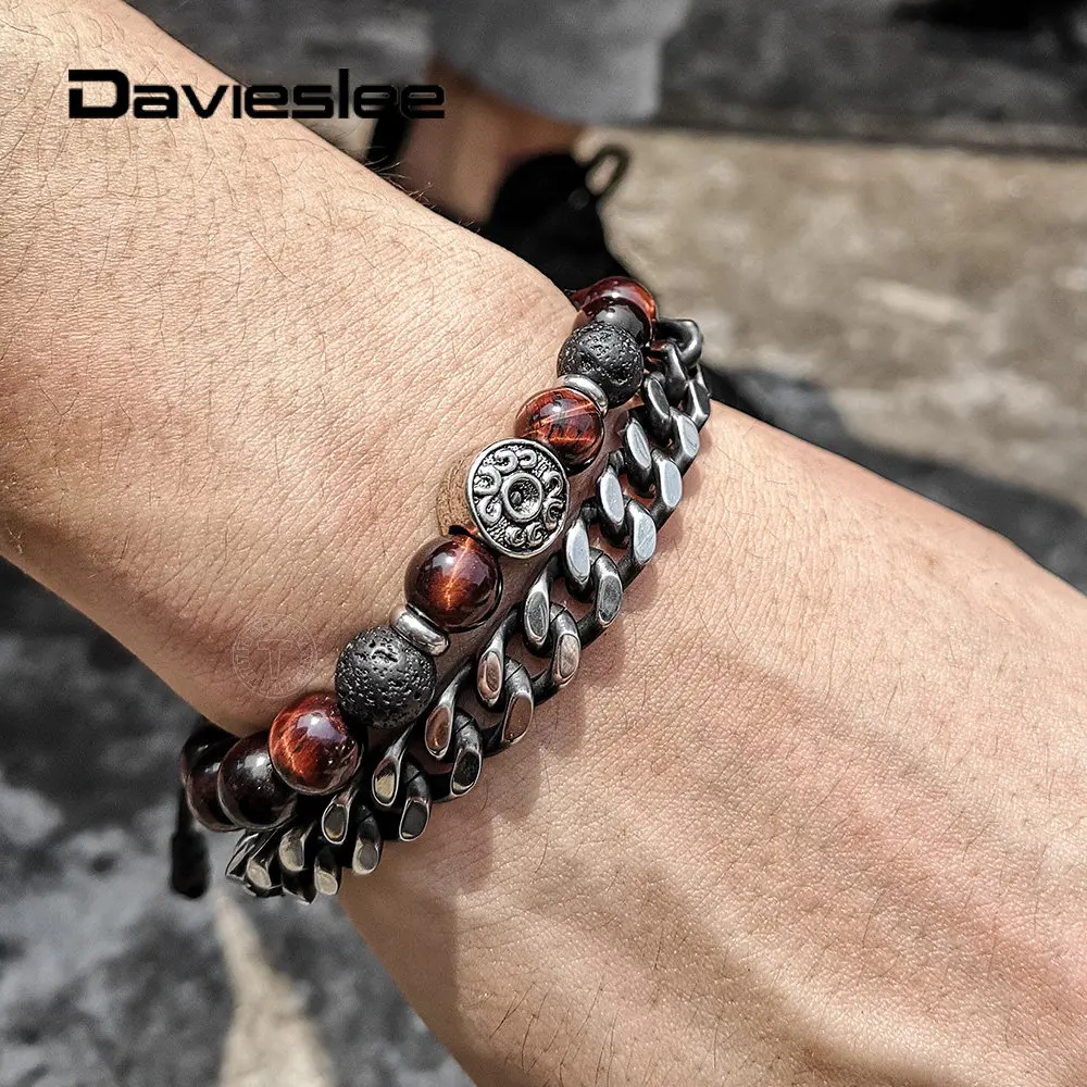 2pcs/Set Beaded Bracelets for Men Women Gunmetal Stainless Steel Curb ...