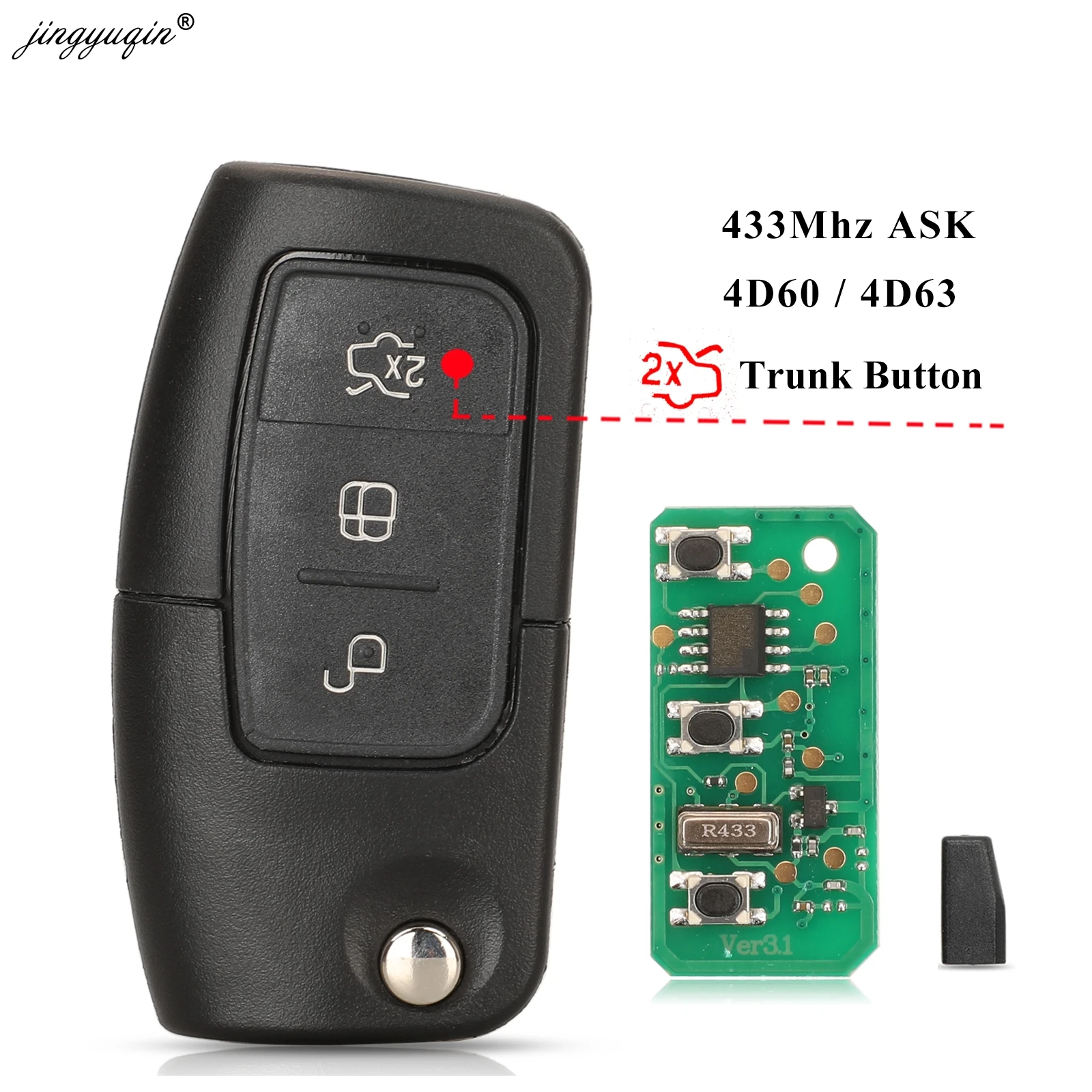jingyuqin 3 Button 433MHZ 4D60/ 4D63 Chip Car Remote Flip Key For Ford ...
