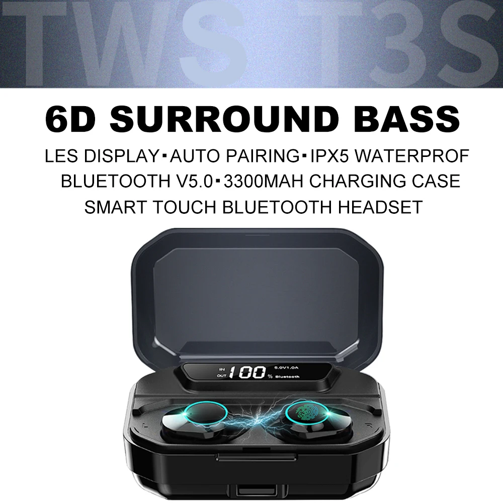 TWS T3S Bluetooth 5,0 True беспроводной футляр для наушников 3300 мАч 6D стерео гарнитуры ...