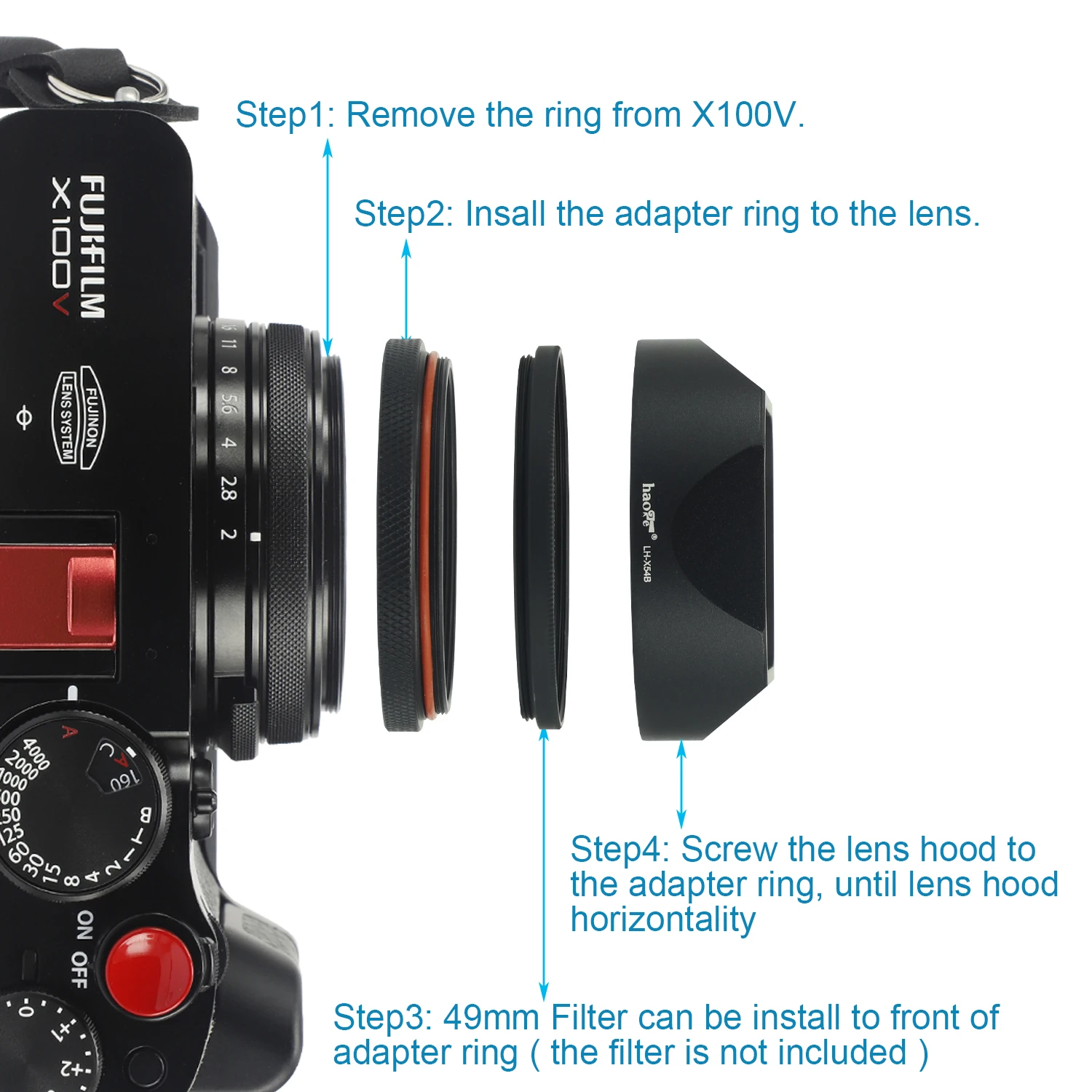 Le noir - capuchon de pare soleil carré en métal, pour Fujifilm Fuji X100V X100F X100T X100S ...