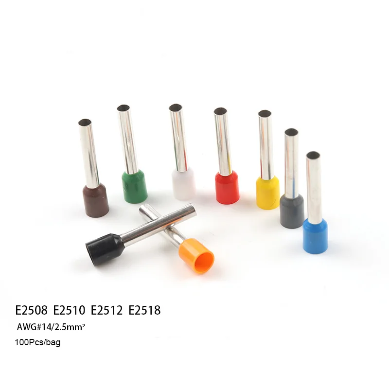 100pcs E2508 E2510 E2512 E2518 Tube Insulated Ferrules Terminal Block ...