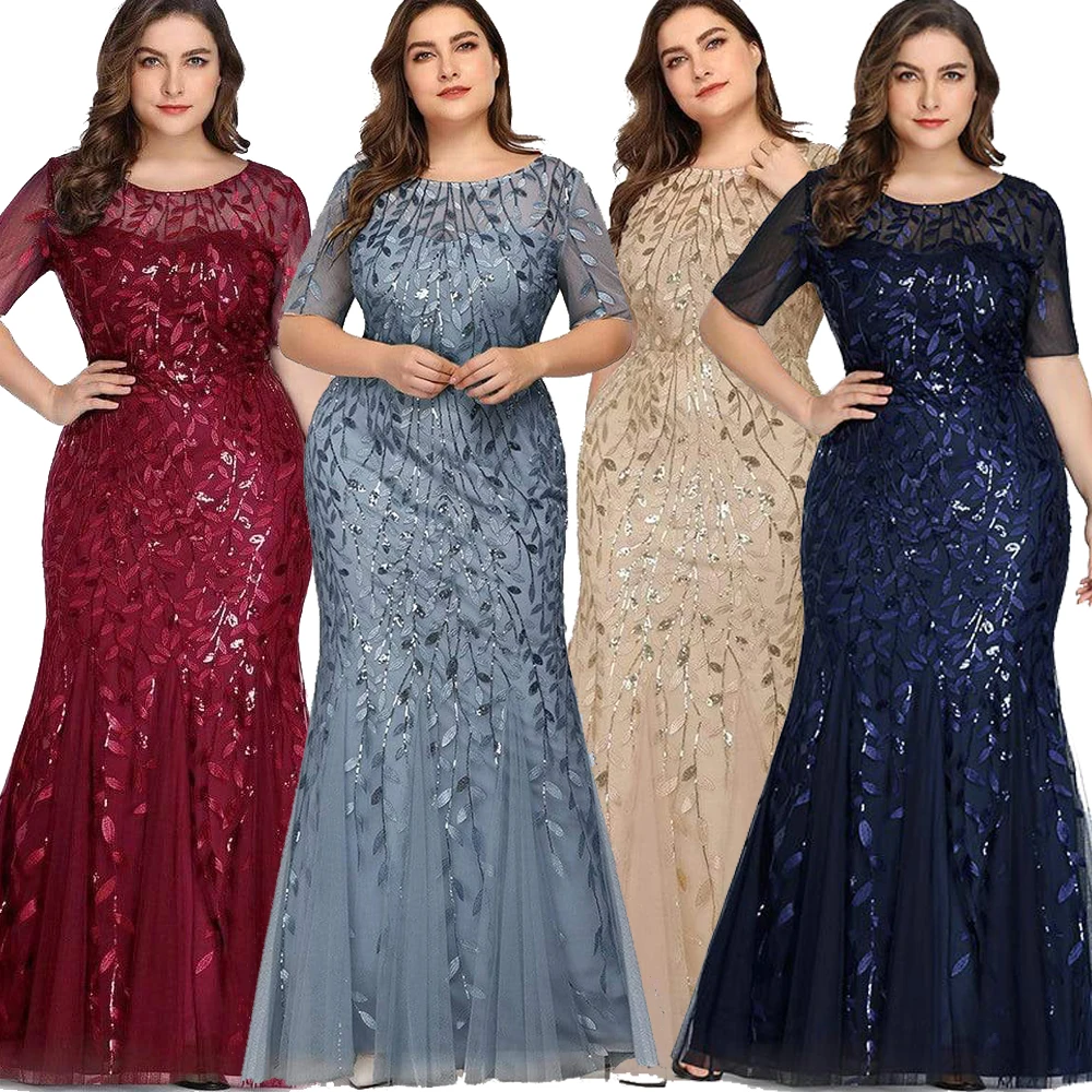Plus Size Sequin Mesh Mermaid Slim Evening Dress Beaded Leaves Pattern ...