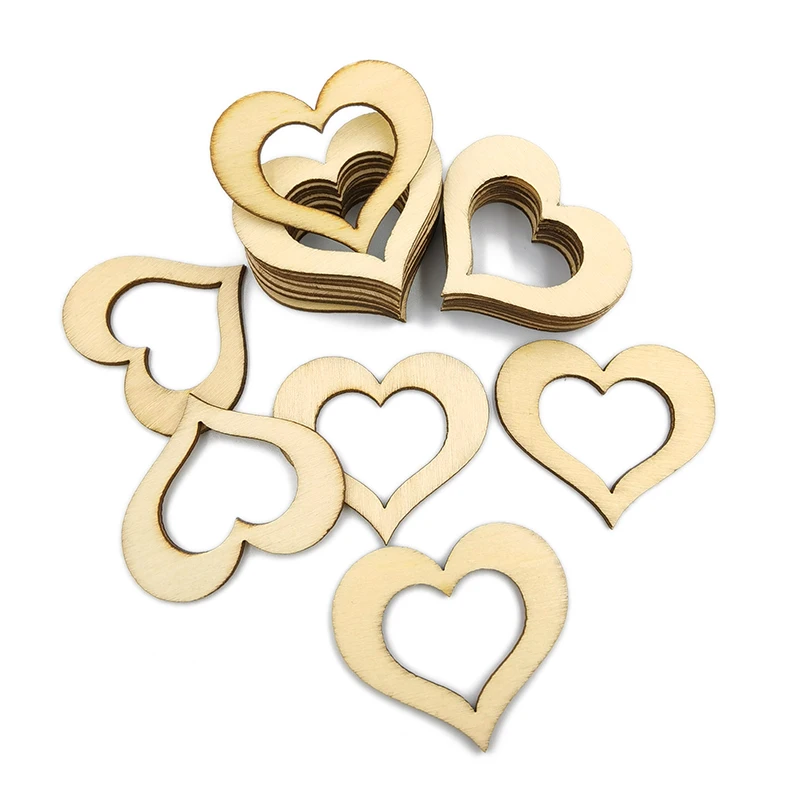 25pcs 50mm Hollow Heart Shape Wood Craft Unfinished Wooden Heart Cutout ...