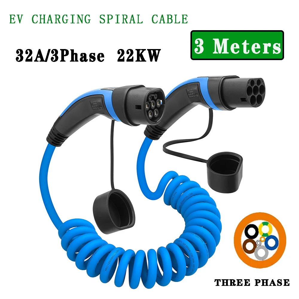 3M EV Charging Coiled Cable Spiral Cord 32A 22KW for Electric Car ...