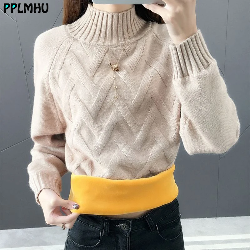 Casual plus velvet knitted ribbed sweaters for women winter warm solid ...