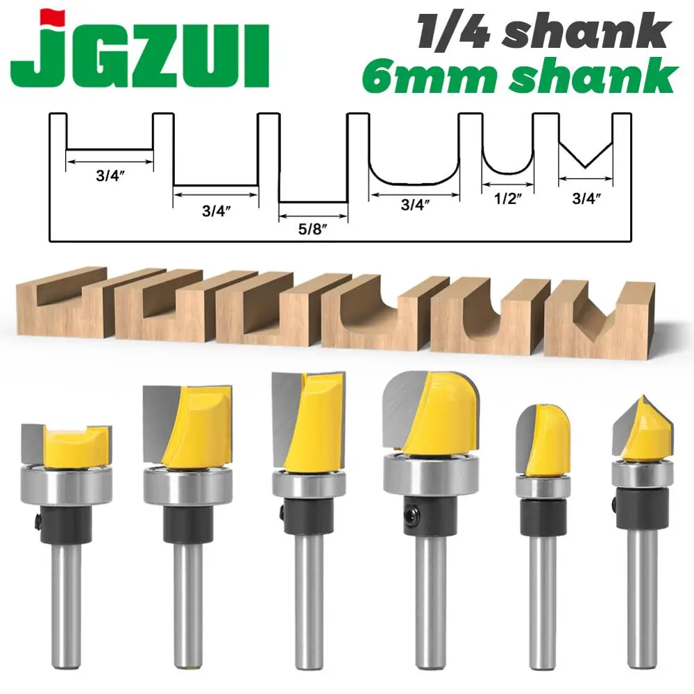 1/4"& 6mm Shank Pattern Bit Flush Trim Bit Straight Bit with Bearing ...