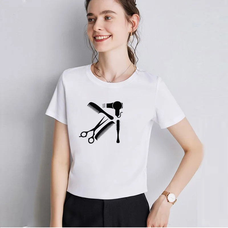 Barber T Shirts Women Round Neck Cotton T shirt Woman Scissors Clothing ...