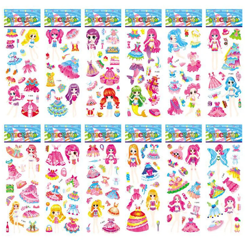 12-Sheets-Set-3D-Bubble-Dress-Up-Girls-Stickers-Cartoon-Change-Clothes ...