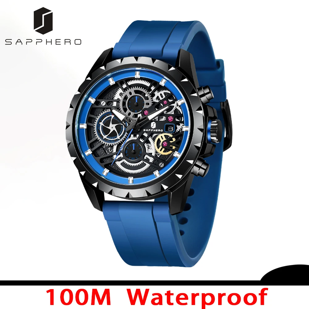 SAPPHERO Mens Watch 100M Waterproof Stainless Steel Case Silicone Strap ...
